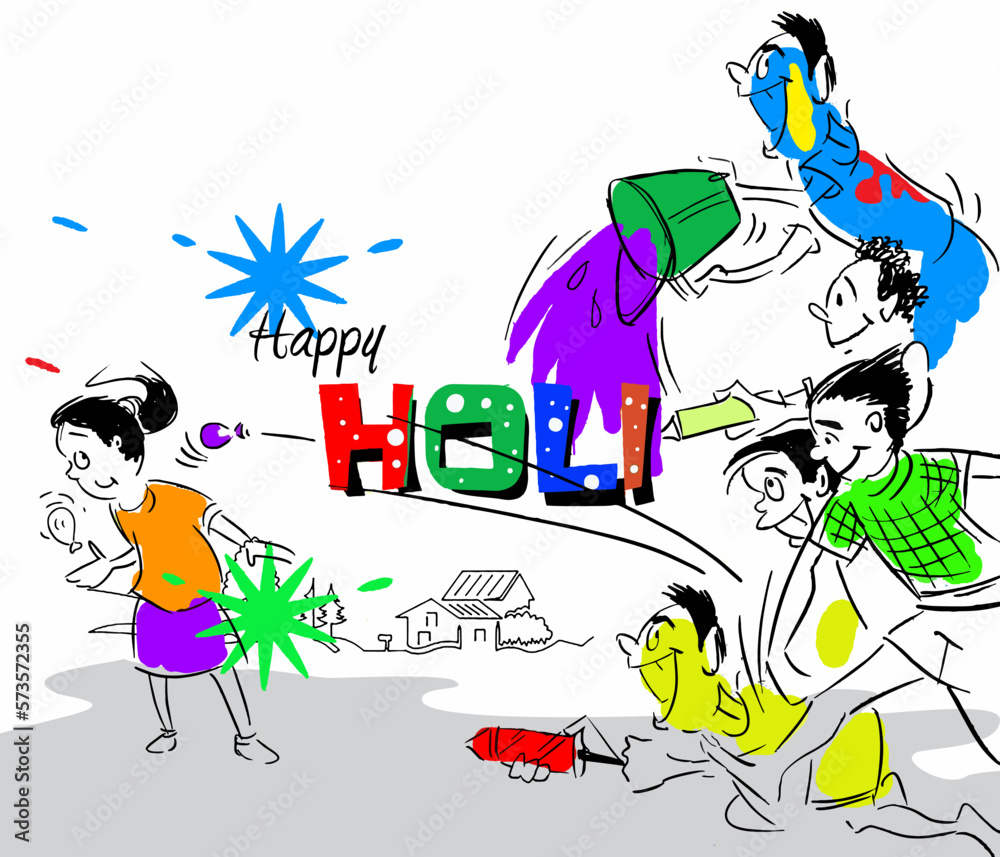 Illustration of happy Holi. Cartoon Young people Playing Holi Stock ...
