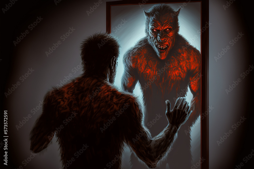 A person visibly transformed into a werewolf, standing in front of a ...