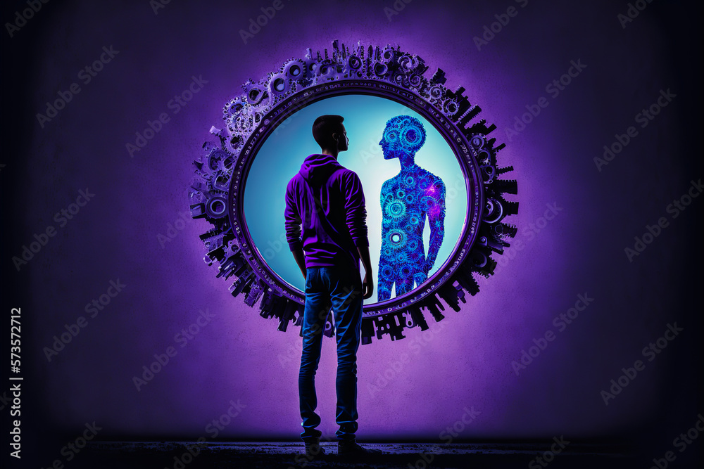Person stands in front of a mirror, but the reflection shows gears and ...