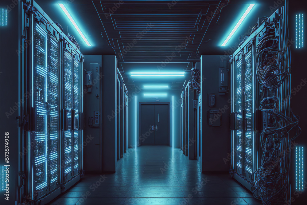 Generative AI illustration of futuristic neon data center Stock ...