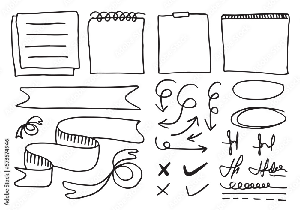 Doodle vector lines and curves.Hand drawn check and arrows signs. Set ...