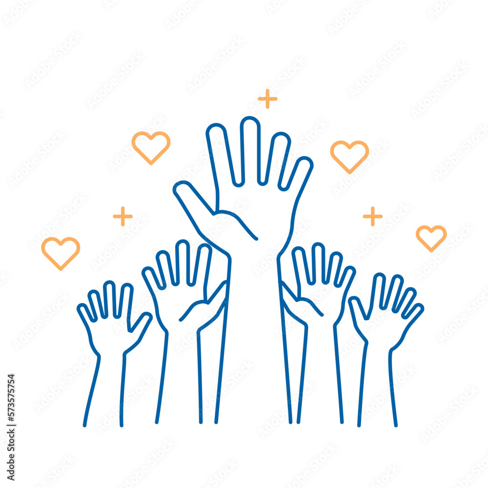 Volunteers and charity work. Raised helping hands. Vector icon ...
