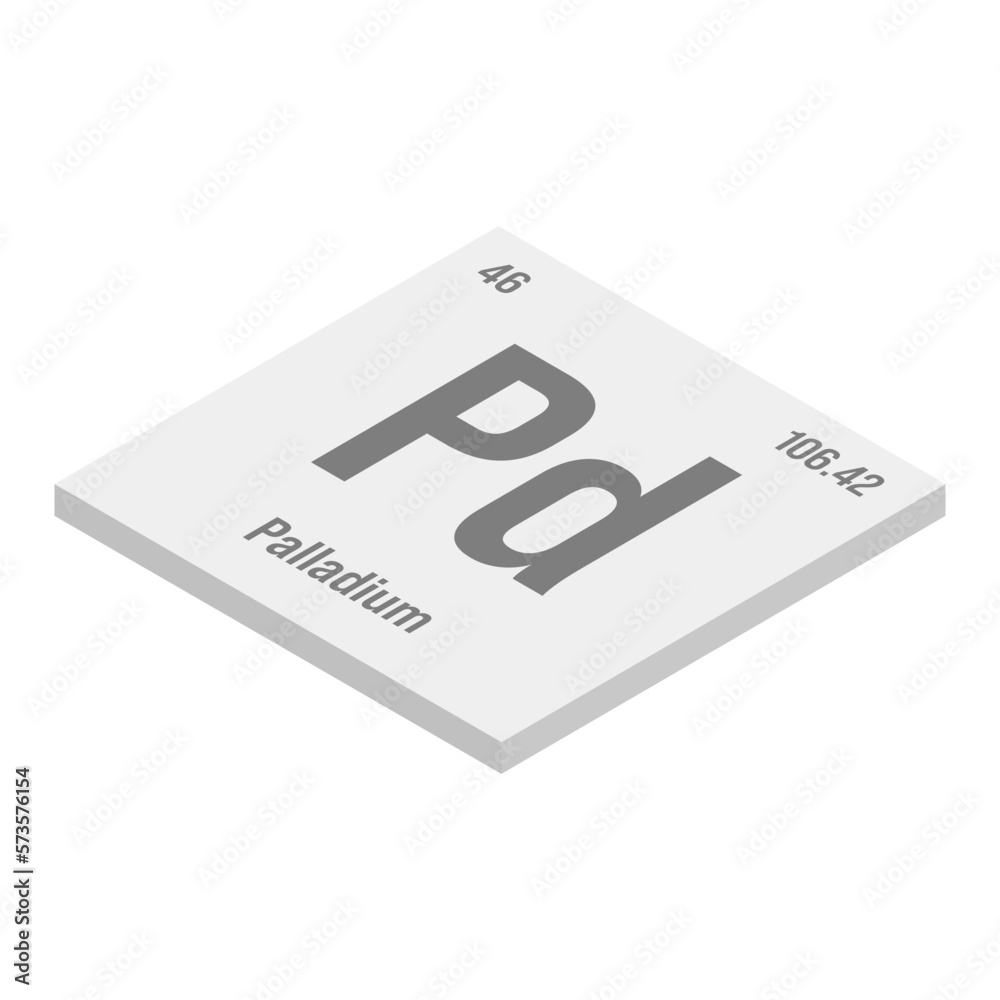 Palladium, Pd, gray 3D isometric illustration of periodic table element ...