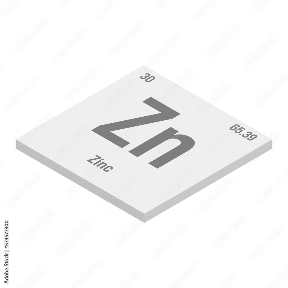 Zinc, Zn, gray 3D isometric illustration of periodic table element with ...