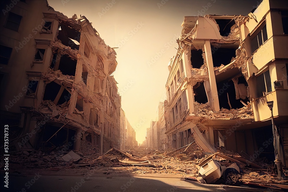 Illustrazione Stock ville détruite avec bâtiments en ruine après une ...