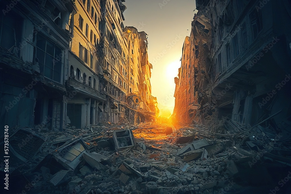 ville détruite avec bâtiments en ruine après une catastrophe de ...