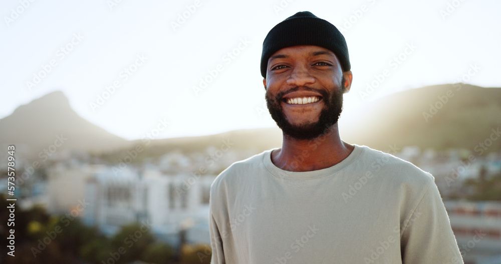 Face, happy and street style with a black man outdoor in the city with ...
