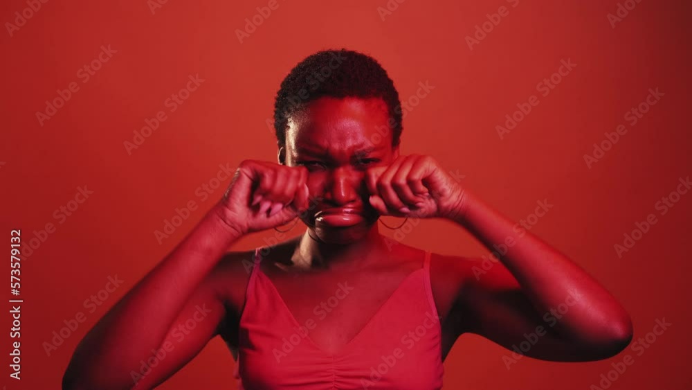 Whining grimace. Capricious mood. Hurt feeling. Red neon color light ...