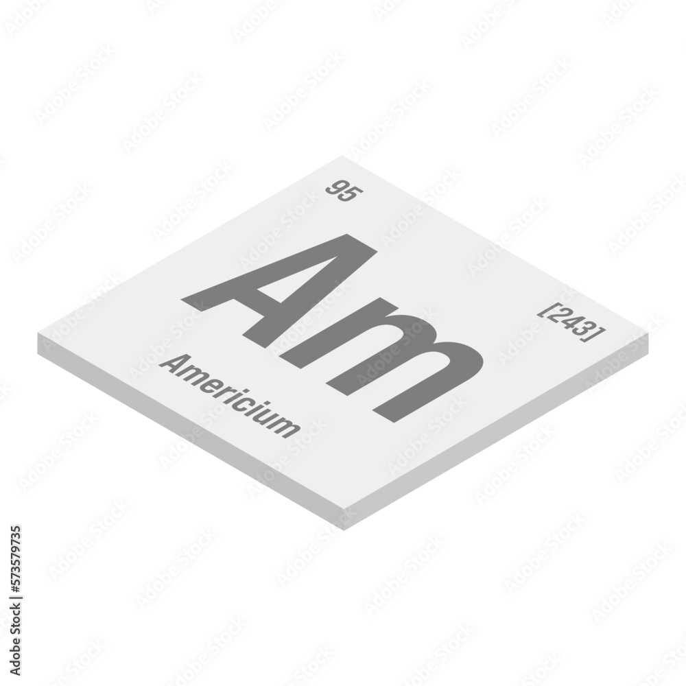Americium, Am, gray 3D isometric illustration of periodic table element ...
