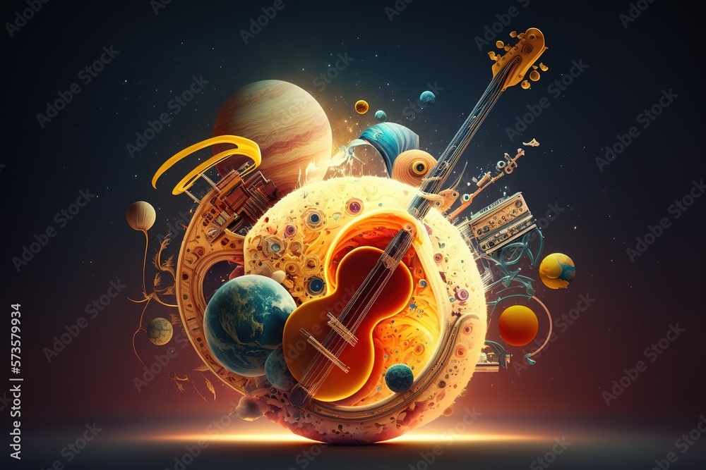 Two electric guitars are seen floating among a dark sky of stars and ...