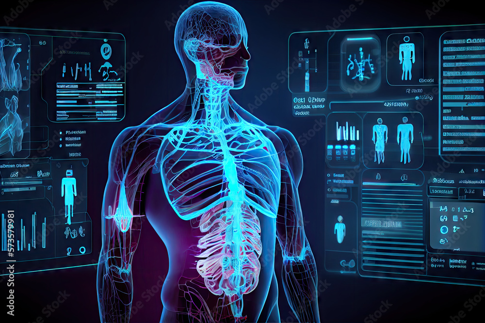 Digital screen with the projection of a human body hologram with ...