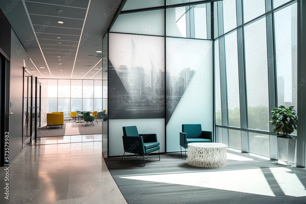 A modern office interior featuring an expansive window, ergonomic ...