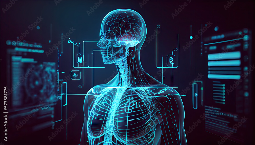Digital screen with the projection of a human body hologram with ...