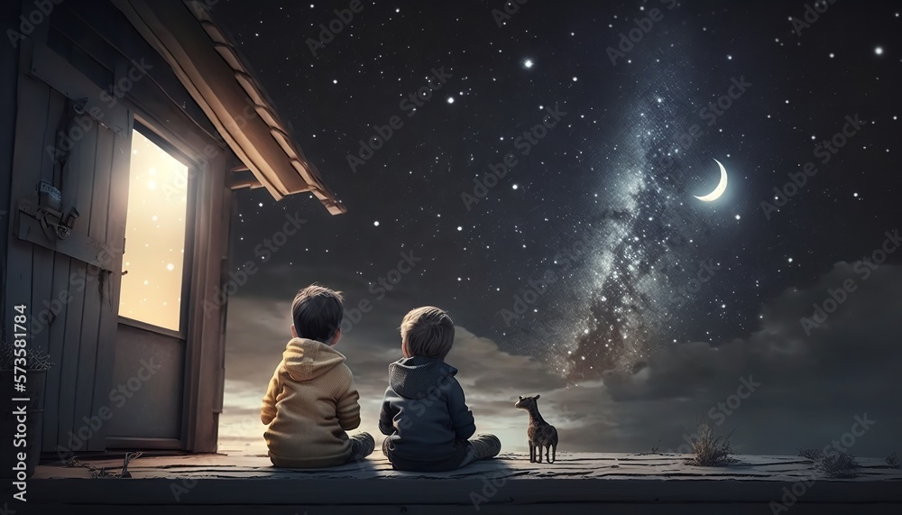 Two kids sitting in roof watching stars and moon in magical night ...