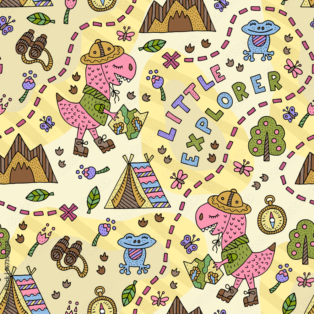 Little explorer t-rex. Colorful seamless pattern. Cute background with ...