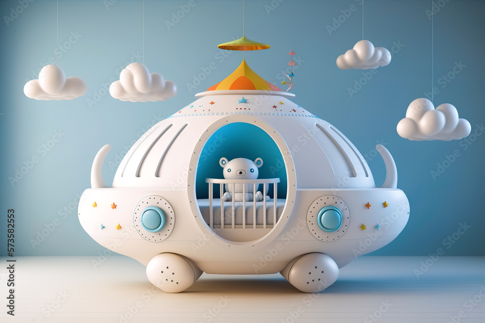 Children's room design in UFO style. White crib in the shape of a ...