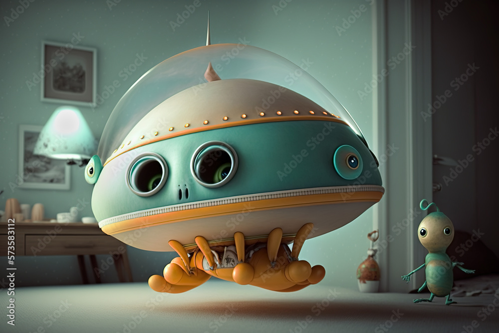 Funny baby alien UFO flies into the children's room with his friend ...