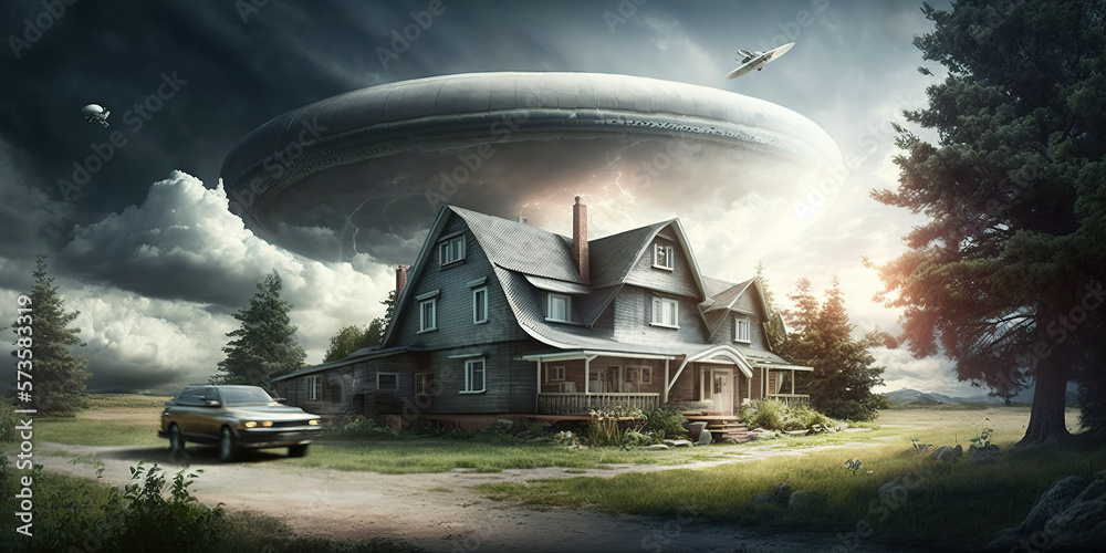 Flying saucer flying over farm. Alien ship in farm. Alien UFO ...