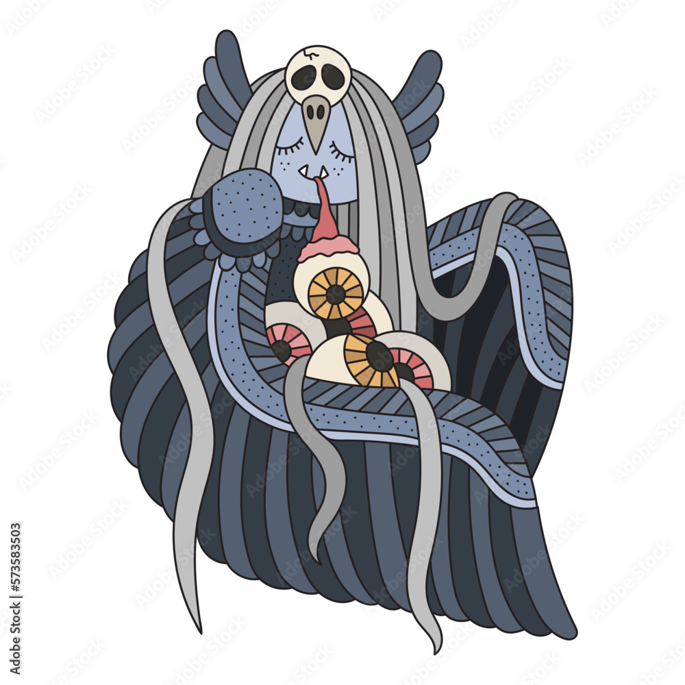 Cute little harpy eating human eyes. Pretty mythology creature with ...