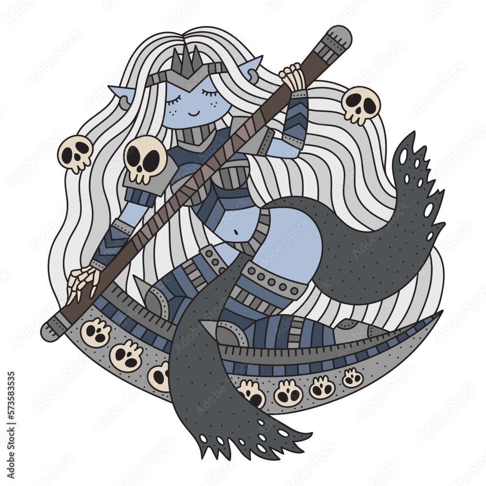 Death reaper girl with big decorated scythe. Little cute princess of ...