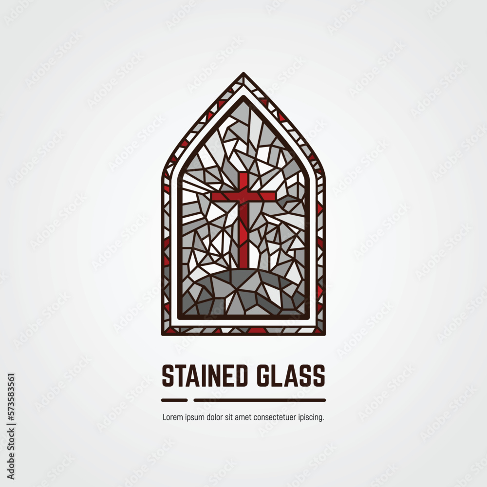 Monochrome stained glass window. Logo, emblem or icon with text. Cross ...