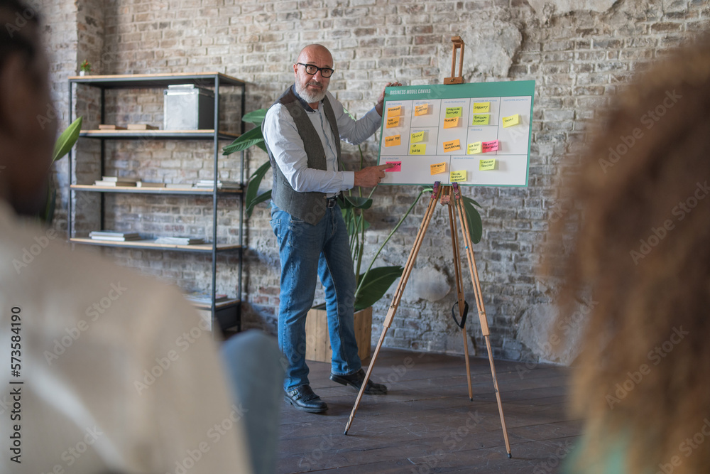 Man presenting Business Model Canvas to team - Discussing new business ...