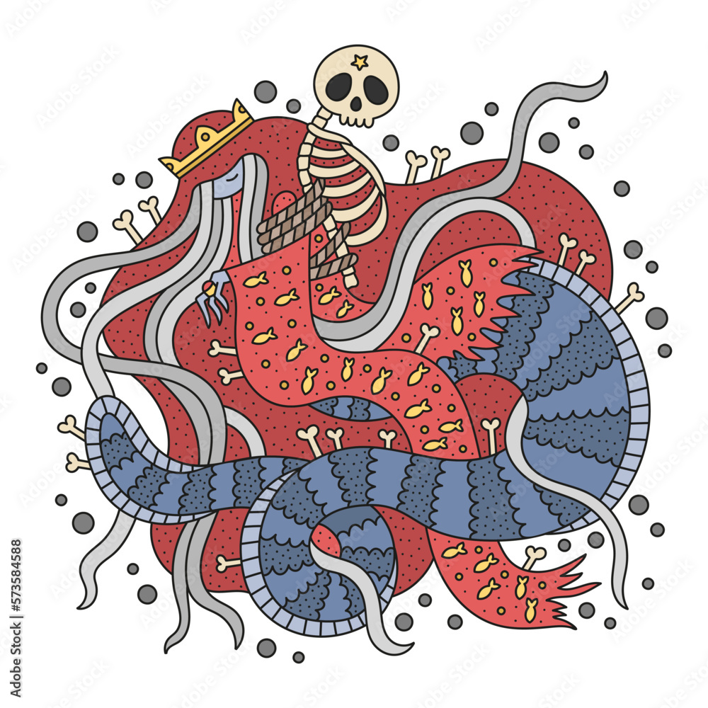 Cursed mermaid queen. Sea witch wearing red cloak and golden crown ...