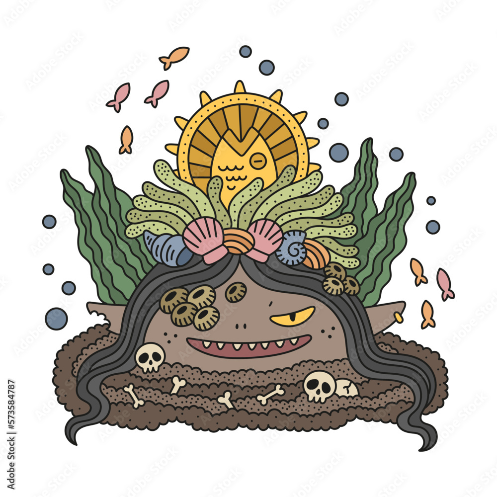 Sea monster made a trap with golden treasure. Underwater danger ...