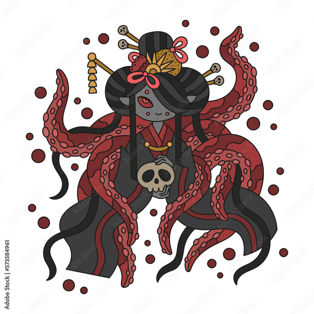 Evil oriental witch with japanese hairestyle. Asian octopus mermaid ...