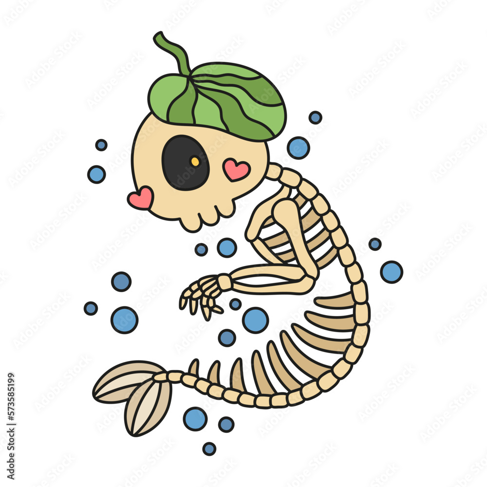 Cute little cyclops mermaid. Mythology sea creature. Skeleton of fish ...