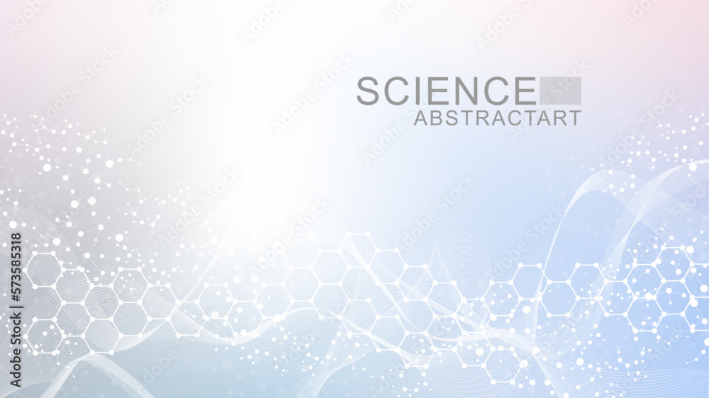 Modern scientific background with hexagons, lines and dots. Wave flow ...
