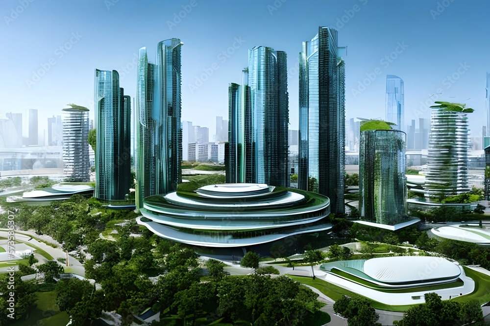 Sustainable Green City With Futuristic Office Building And Architecture ...