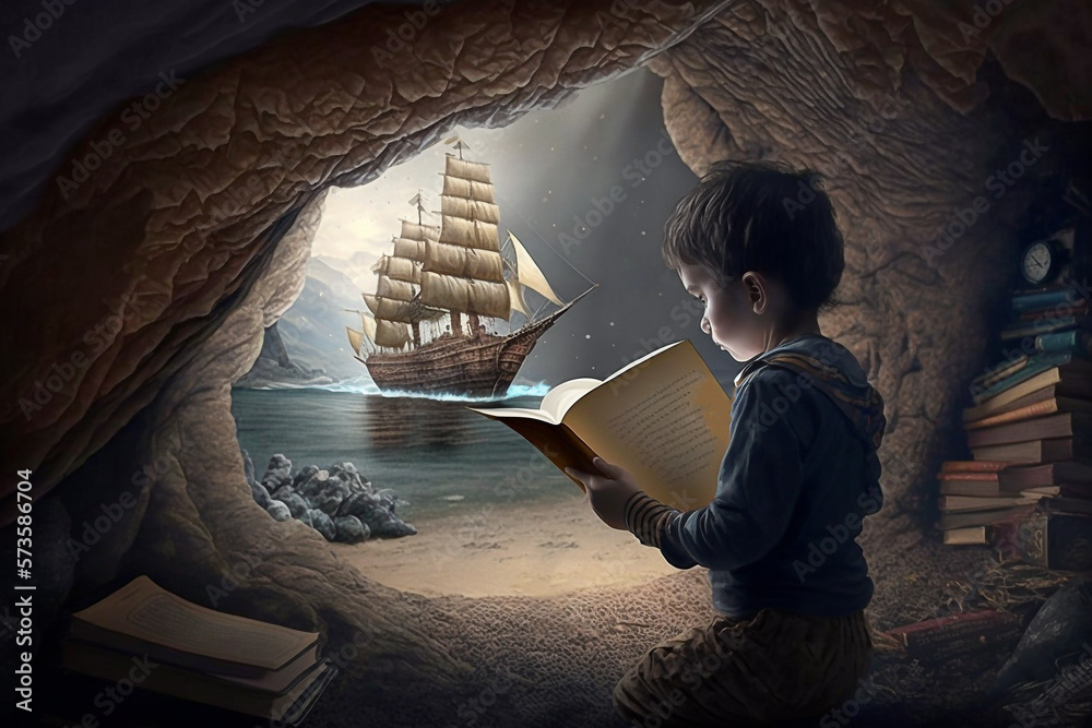 A child reading Treasure Island and the story coming to life around him ...