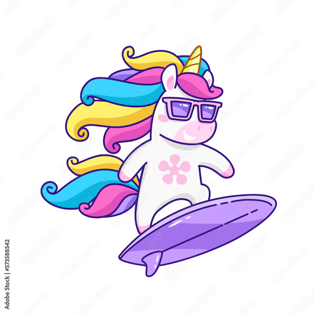 Cool Unicorn Surfer print design Fairy Unicorn with neon rainbow hair and Surf Board. Funny ...