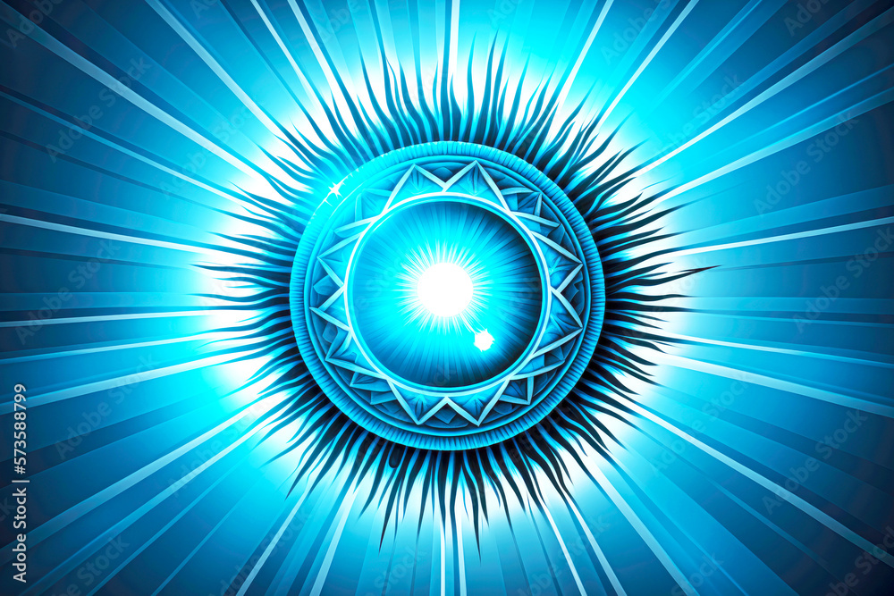 mystical symbol in form of blue all-seeing eye surrounded by rays ...
