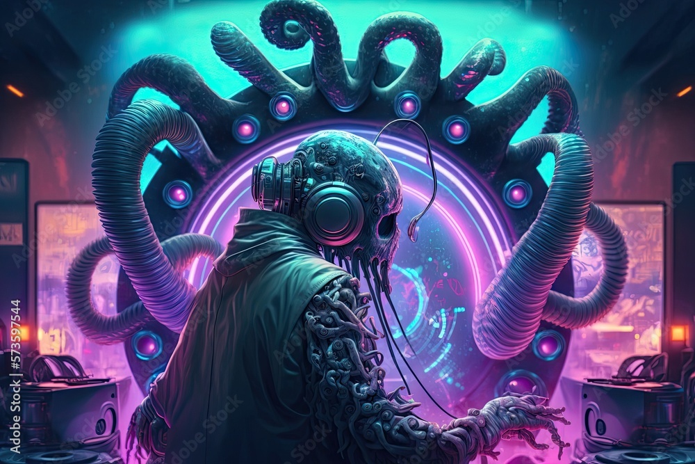 Antropomorphic alien DJ, deejay in synthwave neon night club, AI ...