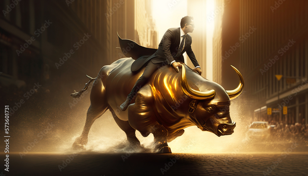 businessman wearing suit with gold Charging Bull.big shot for trader ...