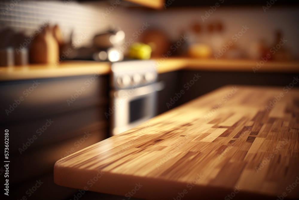 Empty wooden tabletop with blurred kitchen background. Mock up for ...
