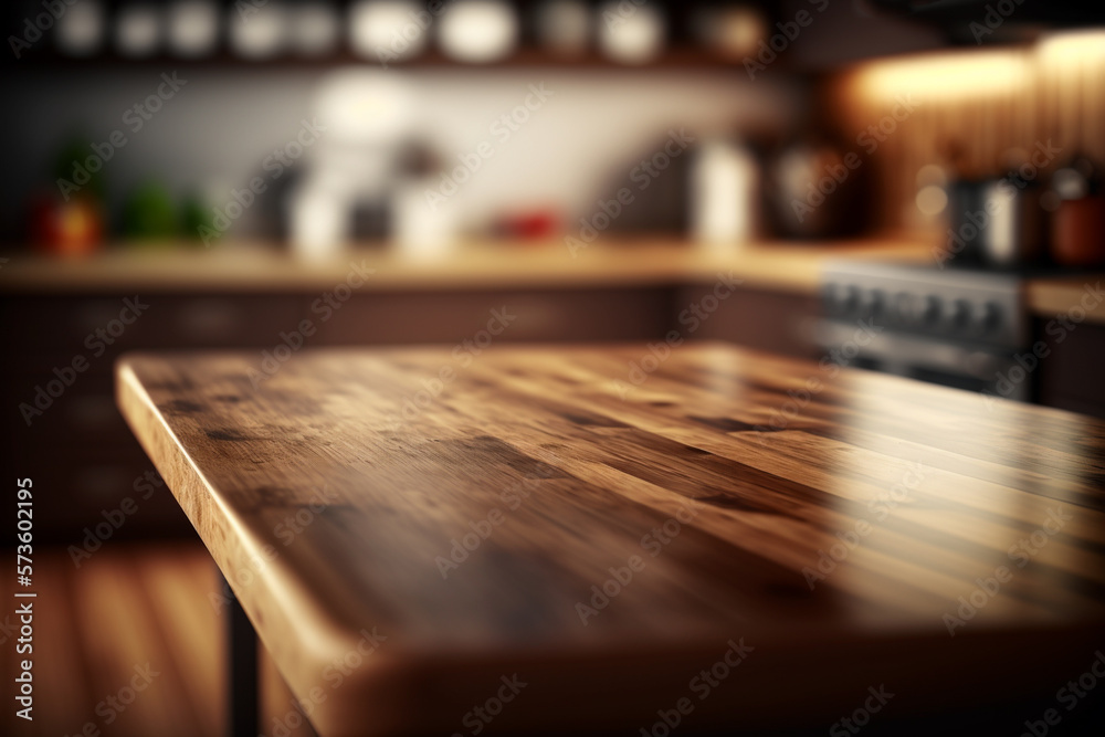 Empty wooden tabletop with blurred kitchen background. Mock up for ...
