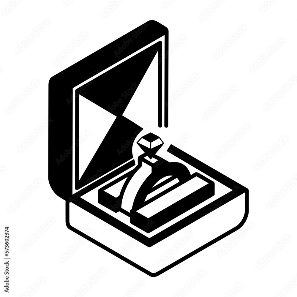 Engagement Ring isometric outline Concept, Diamond Ring with Opened Box ...