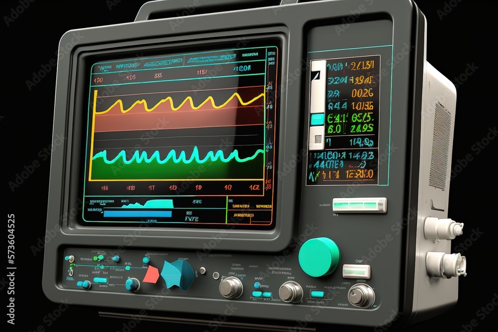 Anesthesia monitor in a theatre showing a pulse, oxygen saturation, ECG ...
