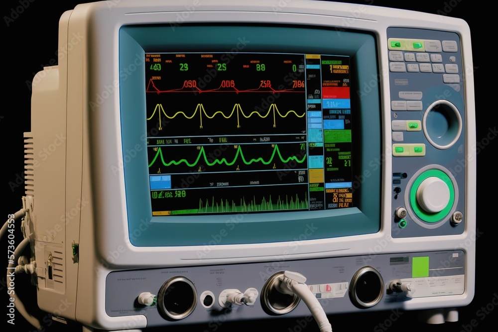 Anesthesia monitor in a theatre showing a pulse, oxygen saturation, ECG ...