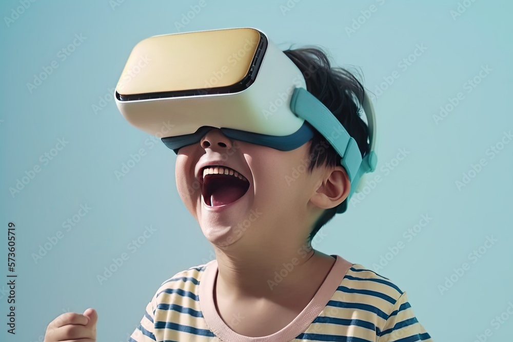 Excited child or kid wearing VR headset with a big smile on face ...