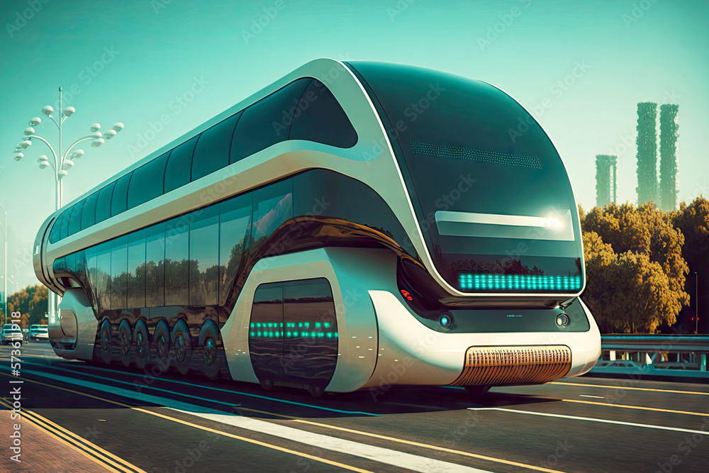 futuristic robot-like bus on highway with traffic autonomous city ...