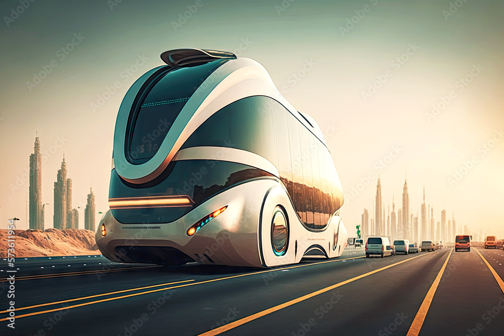 futuristic robot-like bus on highway with traffic autonomous city ...