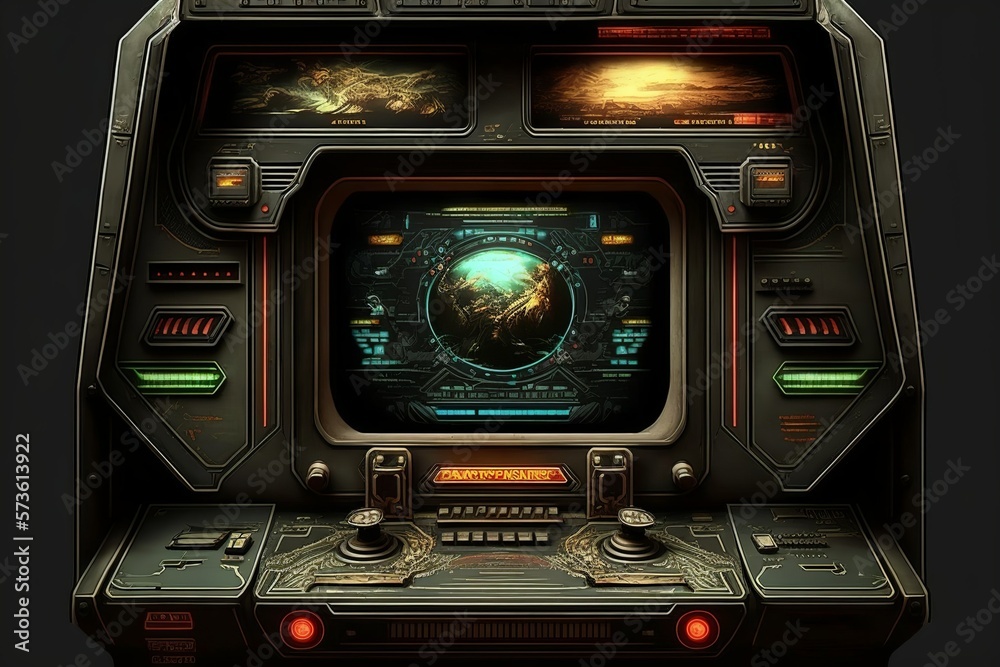 Dark sci-fi monitor screen with leds and neon light in dieselpunk ...