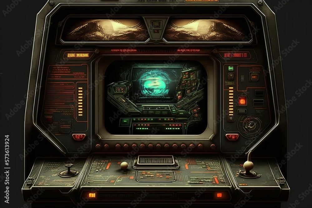 Dark sci-fi monitor screen with leds and neon light in dieselpunk ...