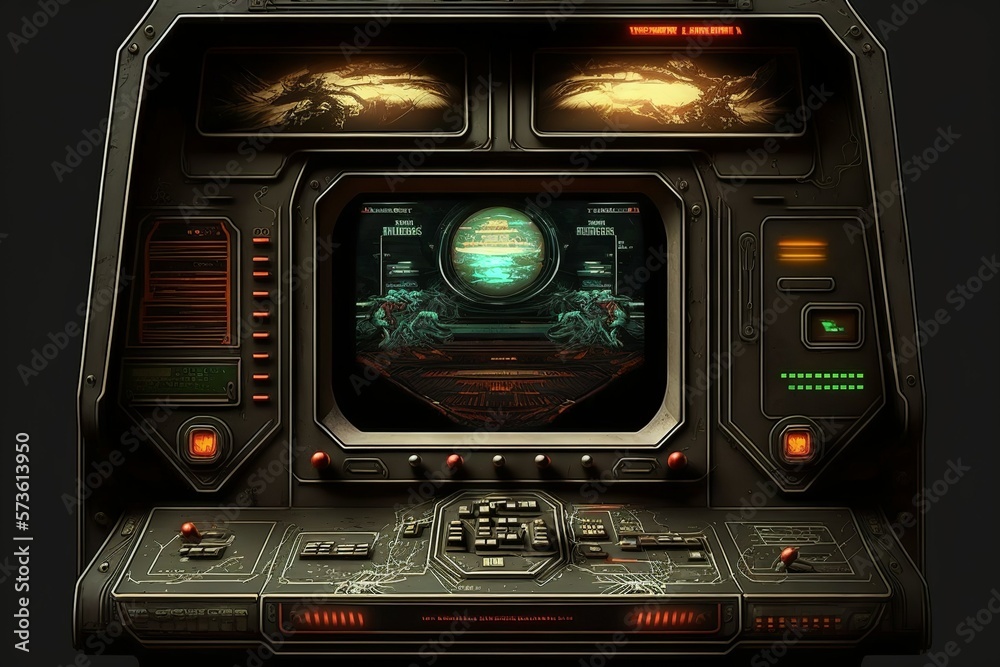 Dark sci-fi monitor screen with leds and neon light in dieselpunk ...