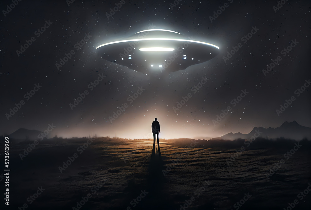alien ship UFO approaching a man at night, silhouette of an alien ...