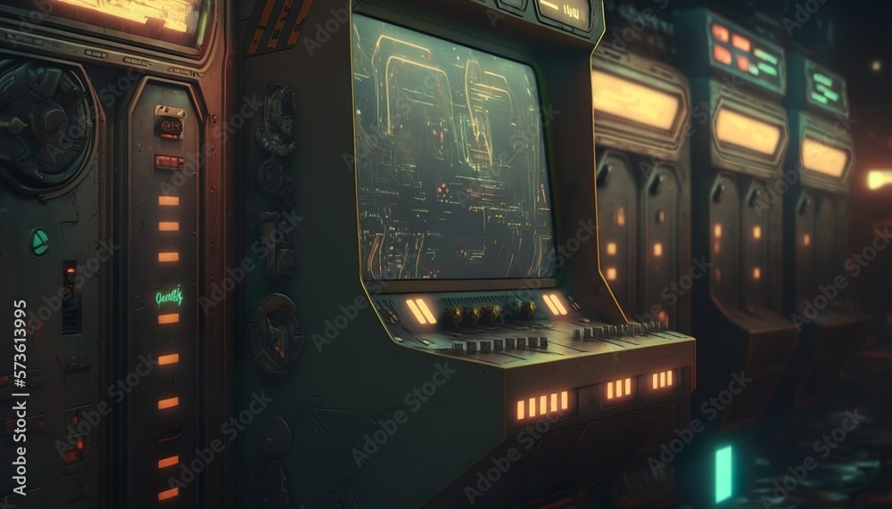 Dark sci-fi monitor screen with leds and neon light in dieselpunk ...